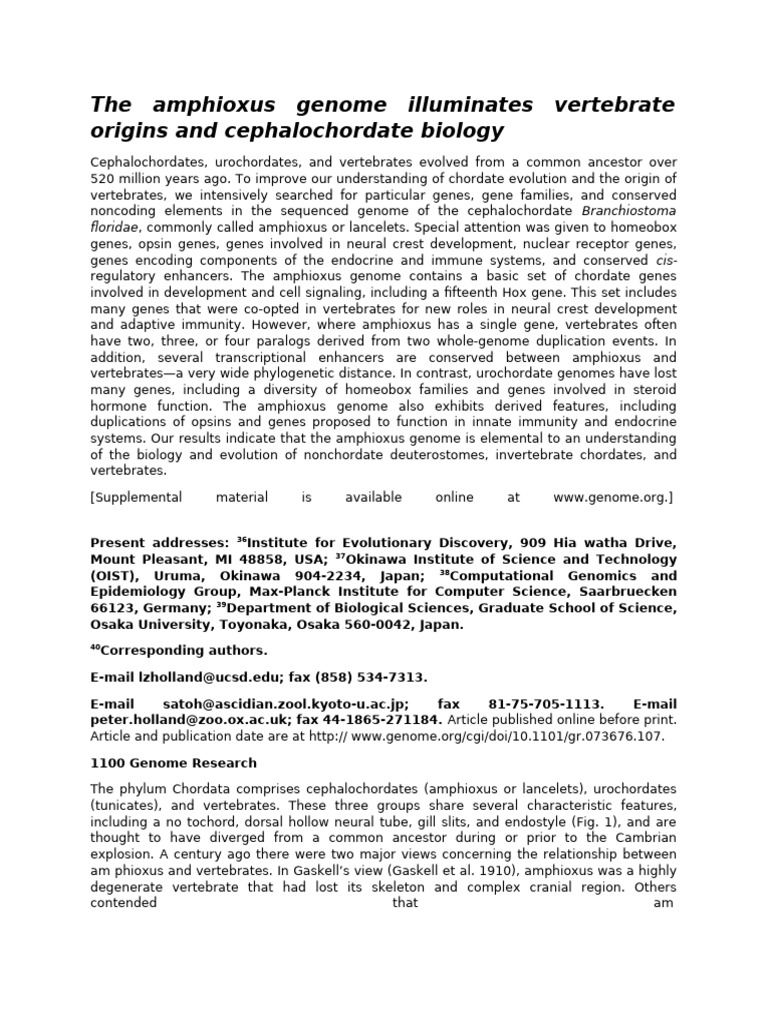 The Amphioxus Genome Illuminates Vertebrate Origins and Cephalochordate ...