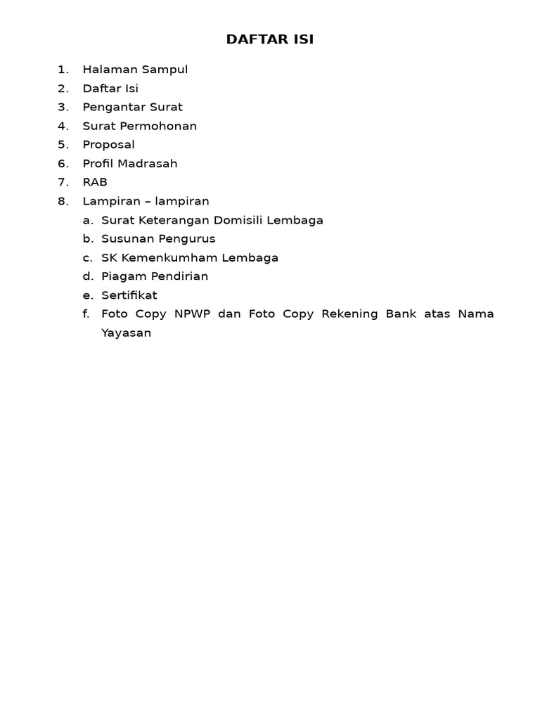 Daftar Isi Proposal | PDF