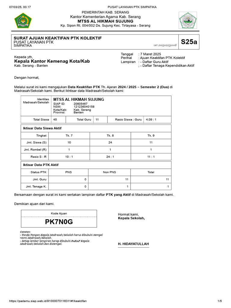 Kepala Kantor Kemenag Kota/Kab: Mtss Al Hikmah Sujung | PDF