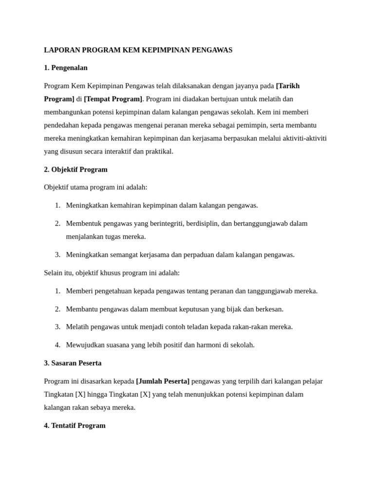 CONTOH LAPORAN PROGRAM KEM KEPIMPINAN PENGAWAS YANG BOLEH DIGUNA PAKAI DI SEKOLAH | PDF