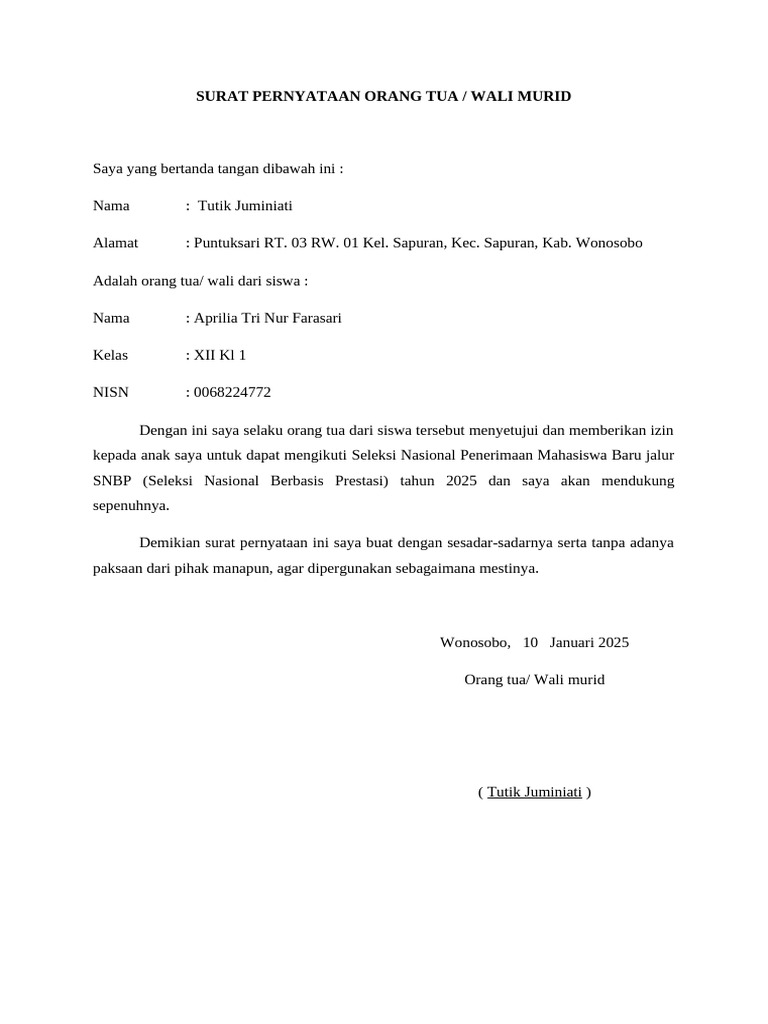 Form Surat Pernyataan Ortu | PDF