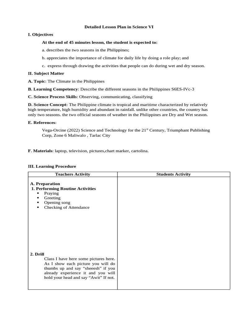 Lesson Plan: Philippine Climate Seasons | PDF | Wet Season | Climate