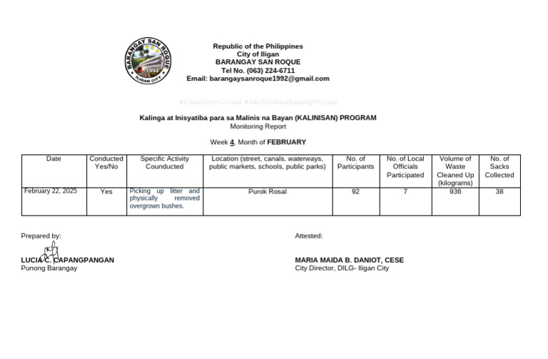Kalinisan Monitoring Report Template | PDF