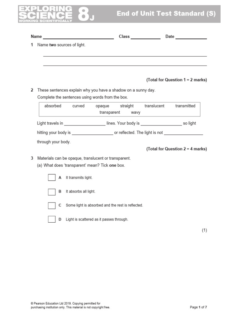 8J End of Unit Test Standard (S) | PDF | Color | Mirror
