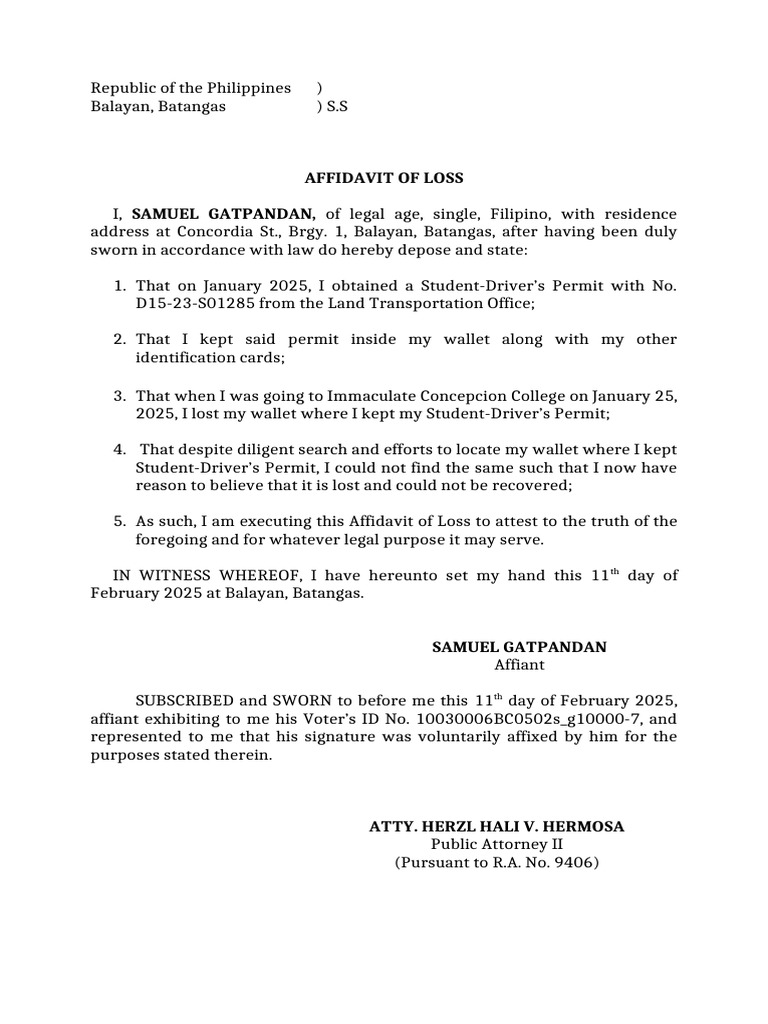 affidavit of loss - student permit | PDF
