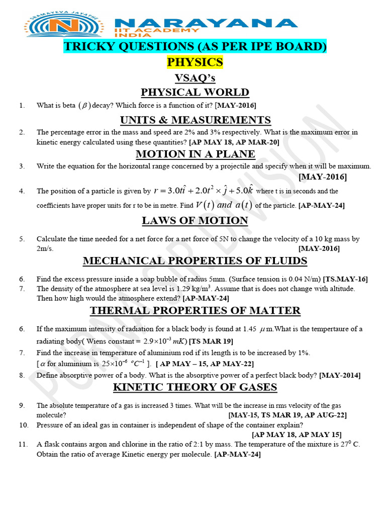 JR Physics Tricky Questions | PDF | Gases | Force
