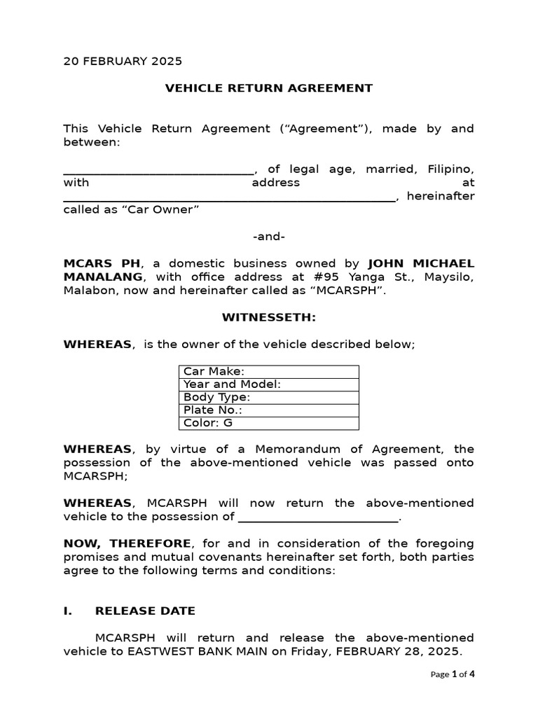 Vehicle Return Agreement Template | PDF | Indemnity | Common Law