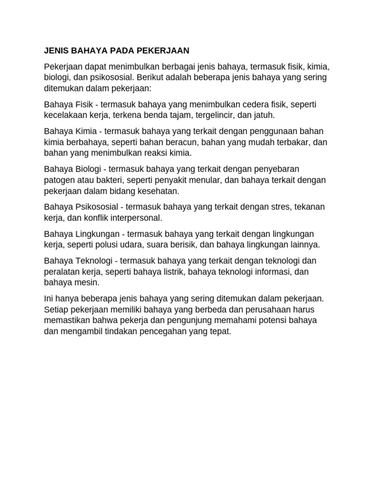 JENIS BAHAYA PADA PEKERJAAN | PDF