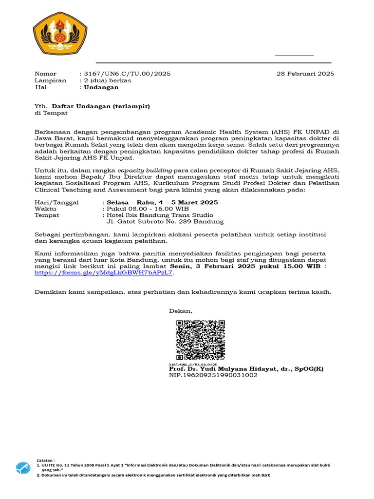 Undangan Pelatihan Program AHS, Kurikulum PSPD Dan Pelatihan Clinical Teaching and Assessment | PDF