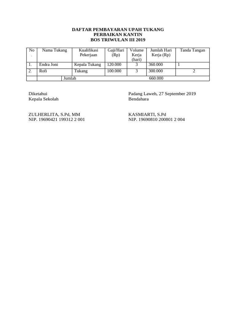 Daftar Pembayaran Upah Tukang | PDF