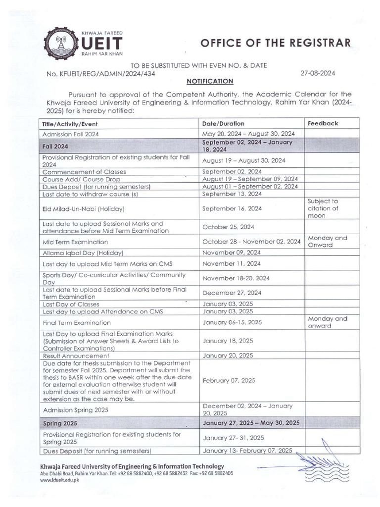 Academic Calander f24 s25 Main Campus Revised | PDF