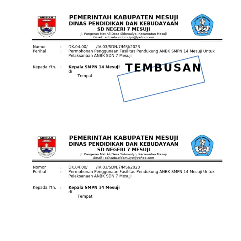 AMPLOP Permohonan Penggunaan Fasilitas ANBK SMPN 14 Mesuji | PDF