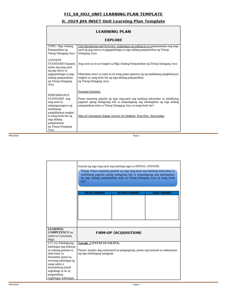 Bayon-On Unit-Learning-Plan-Template | PDF