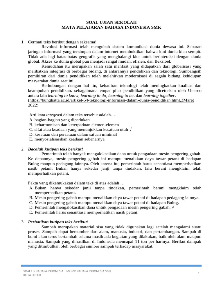 Soal Us B.ind. MGMP 2024 | PDF