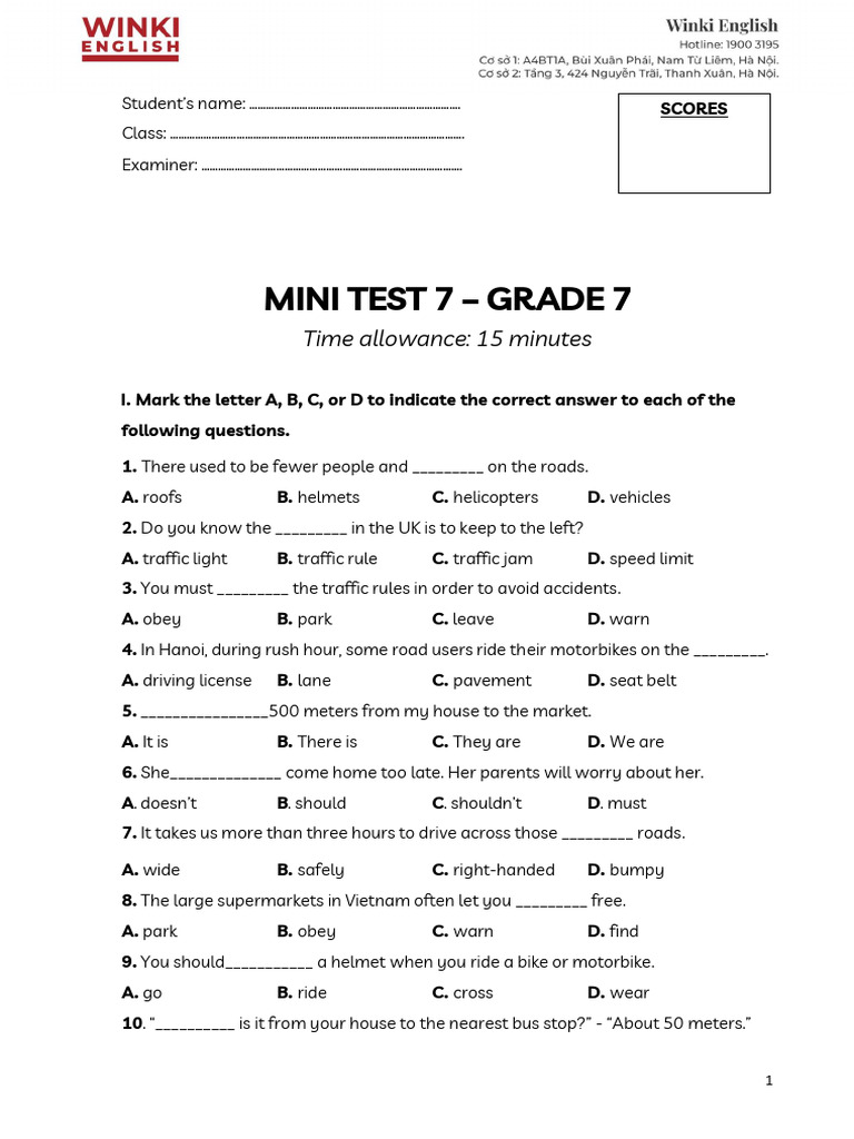 Grade 7- Unit 7- Mini Test | PDF