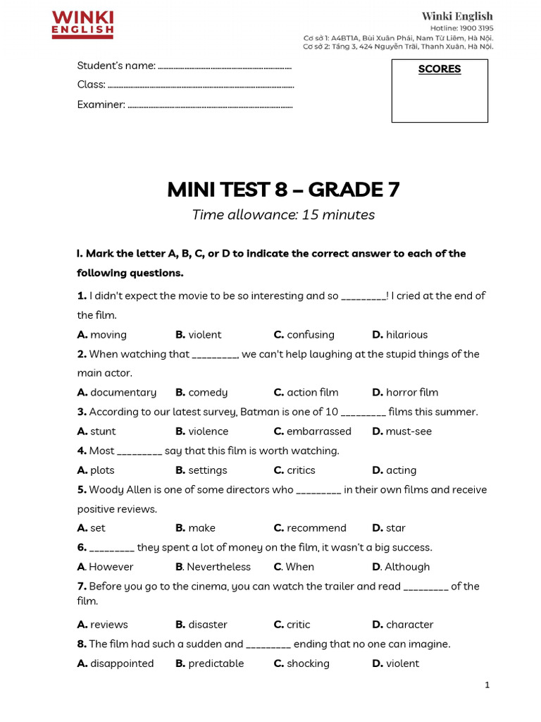 Grade 7- Unit 8- Mini Test | PDF