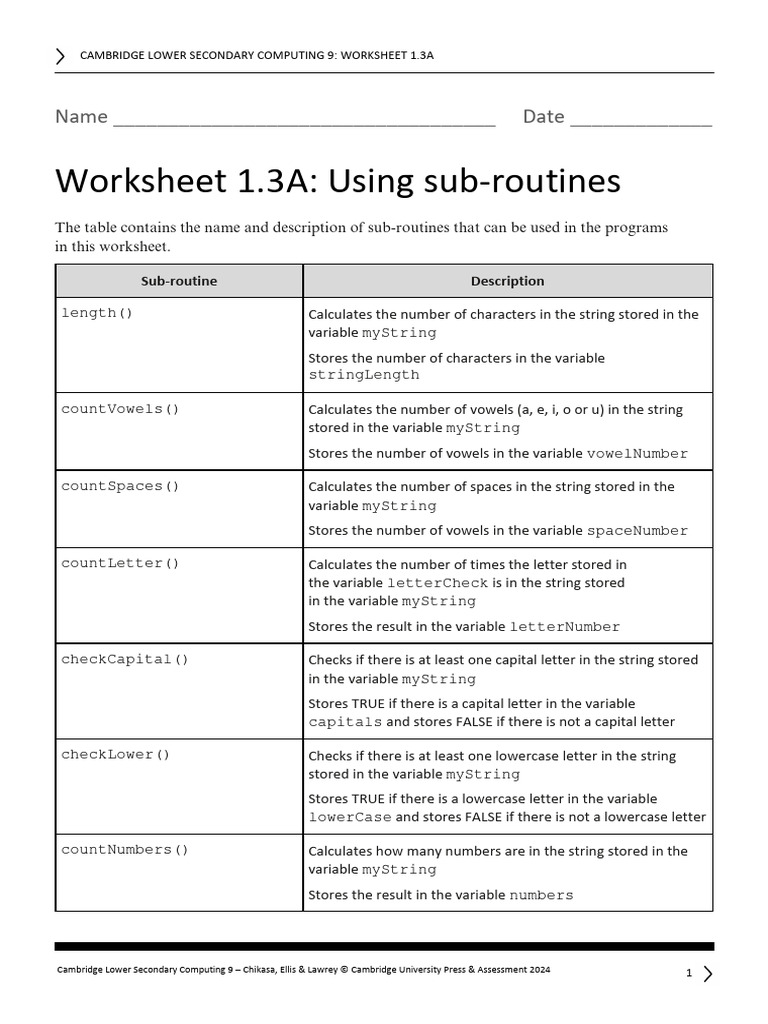 Sub-routines in Computing 9 Worksheet | PDF | String (Computer Science ...