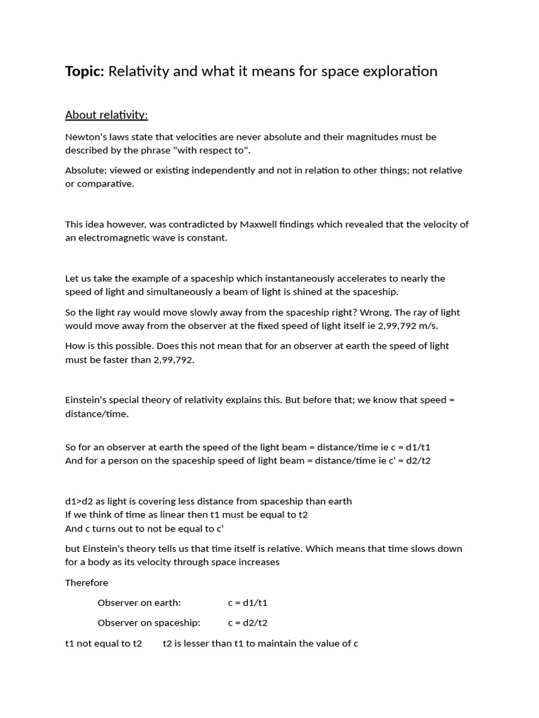 Relativity and What It Means For Space Exploration | PDF | Speed Of ...