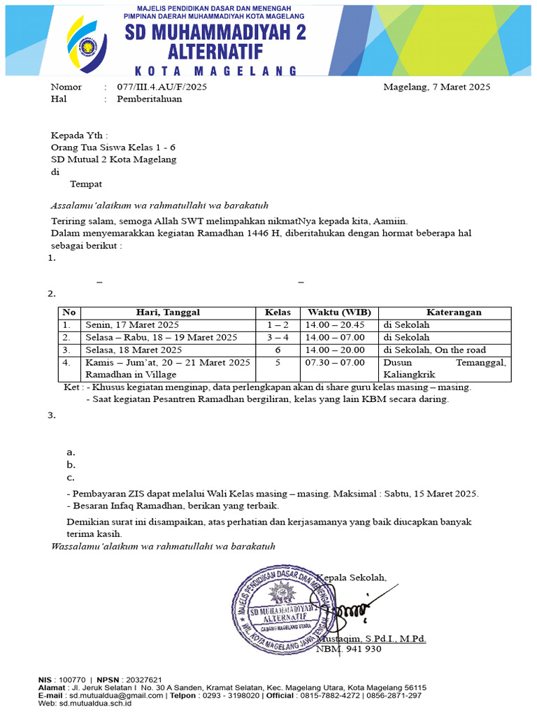 Pemberitahuan Kegiatan Ramadhan SD Mutual 2 | PDF