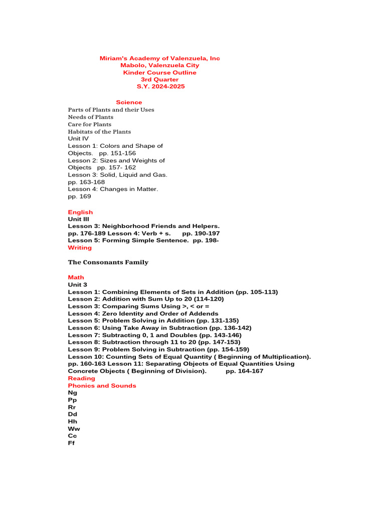 3rd Quarter Kindergarten Course Outline | PDF