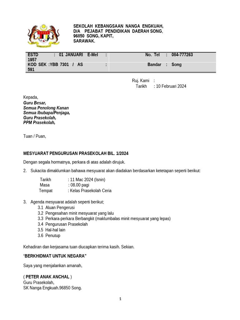 Minit Mesyuarat Prasekolah Bil 1 2024 | PDF