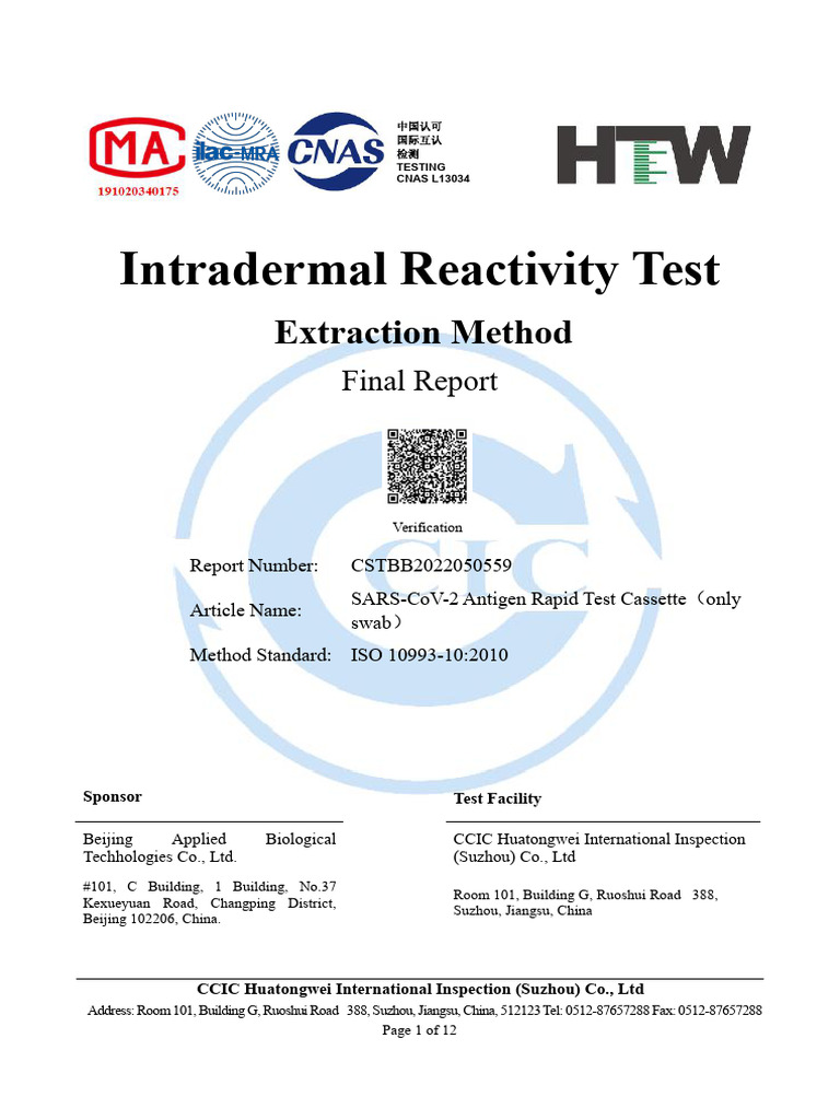 Intracutaneous Reactivity Test Report | PDF | Injection (Medicine) | Water