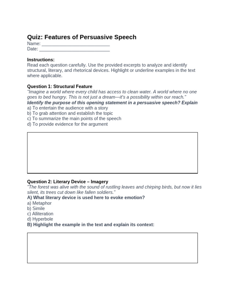 Quiz Features of Persuasive Speech | PDF | Rhetoric | Persuasion