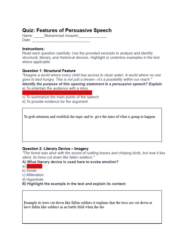 Quiz Features of Persuasive Speech | PDF | Rhetoric | Argument