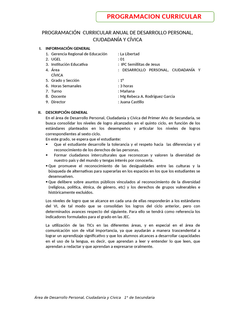 1ro Programacion Anual D.P.C.C. | PDF | Enseñando | Evaluación
