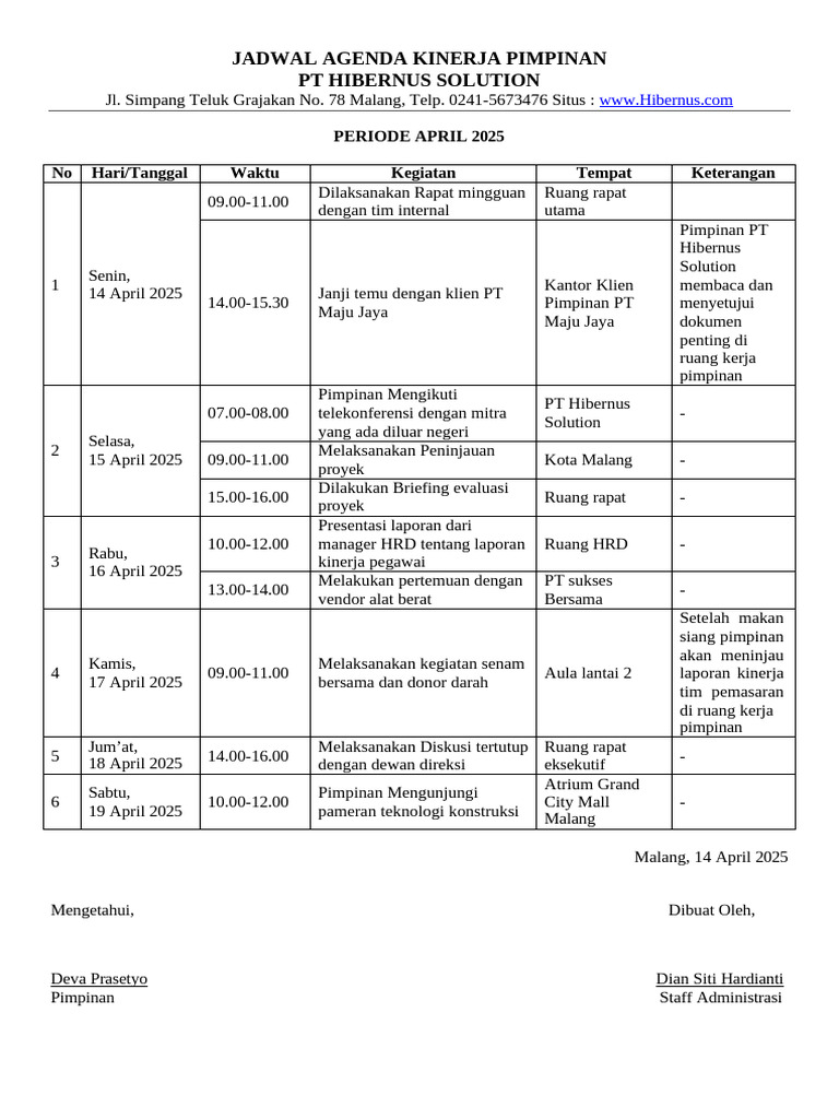 Jadwal Agenda Pimpinan Hibernus 2025 | PDF