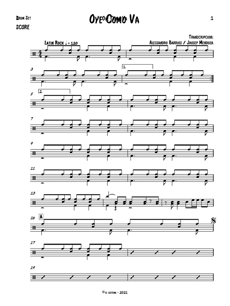 Partitura de Batería: Oye Como Va | PDF
