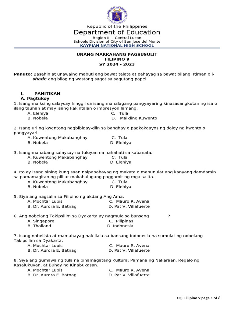 Filipino 9 1st QE 2024 2025 | PDF