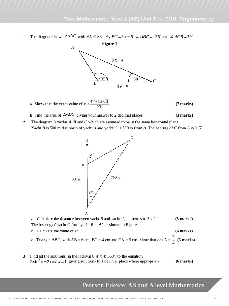 AS Maths Pure Unit 4 Shadow Test - Trigonometry | PDF | Trigonometry ...