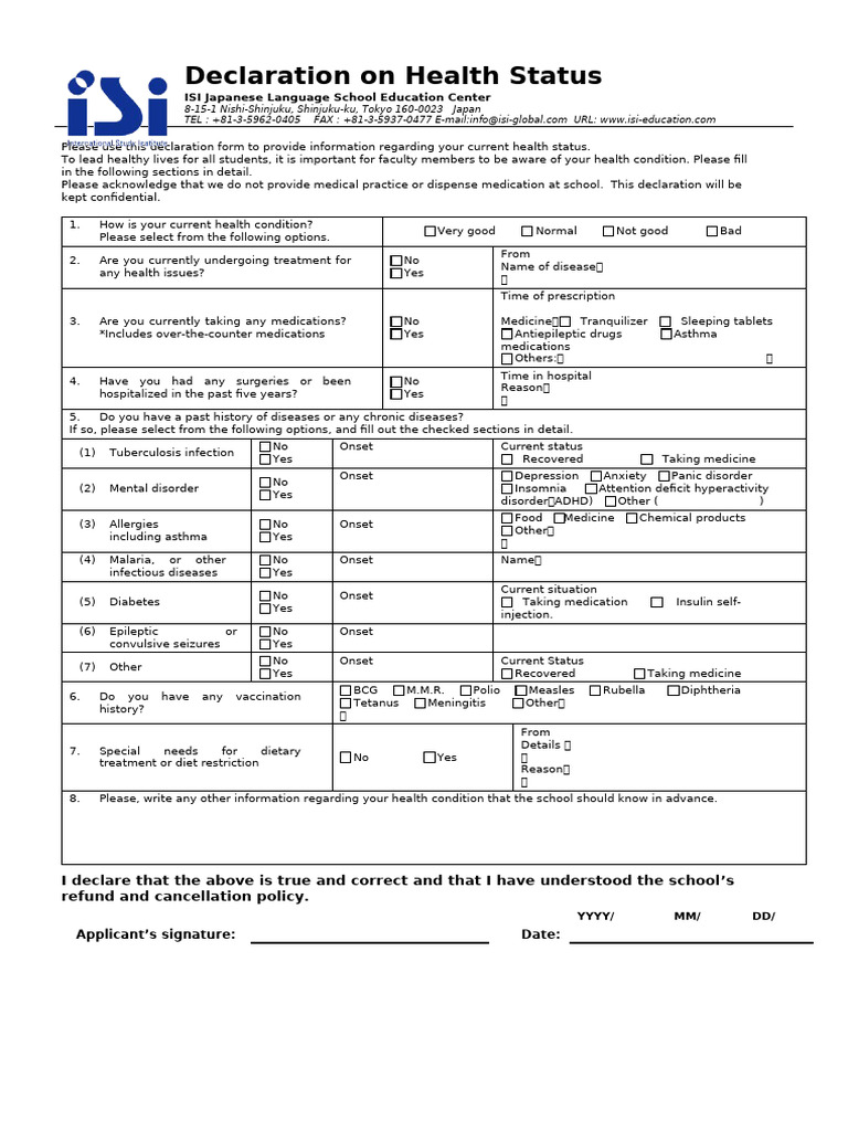 Declaration On Health Status - English - 20240930 | PDF | Attention ...