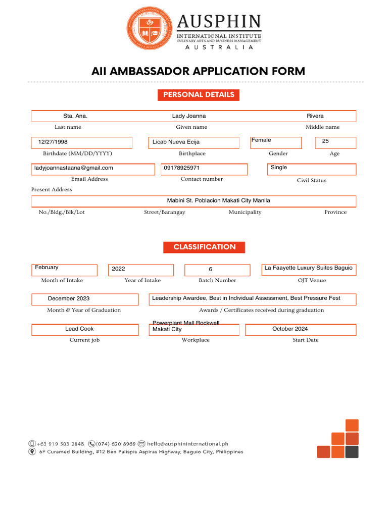 AII Ambassador Form (1) | PDF | Chef | Cooking