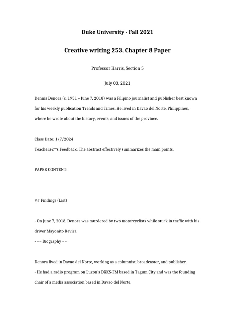 Creative Writing 253 Chapter 8 Paper | PDF | Crimes | Crime & Violence