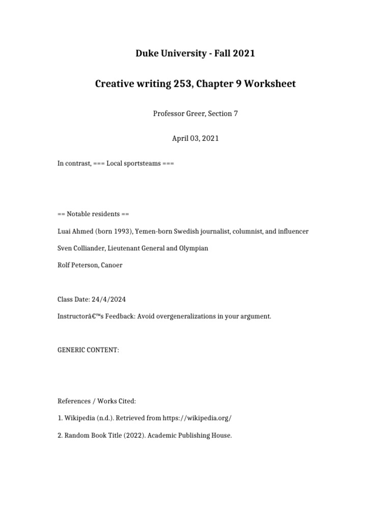 Creative Writing 253 Chapter 9 Worksheet | PDF