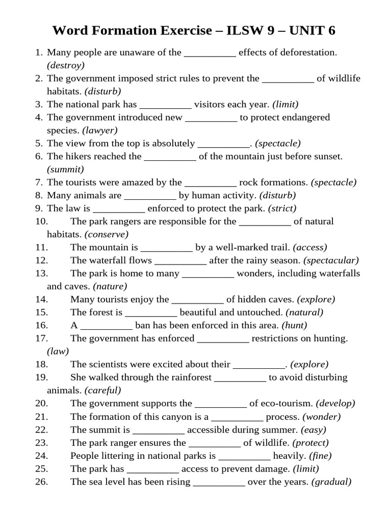 Word Formation Exercise ILSW 9 unit 6 | PDF | Protected Area | Biogeography