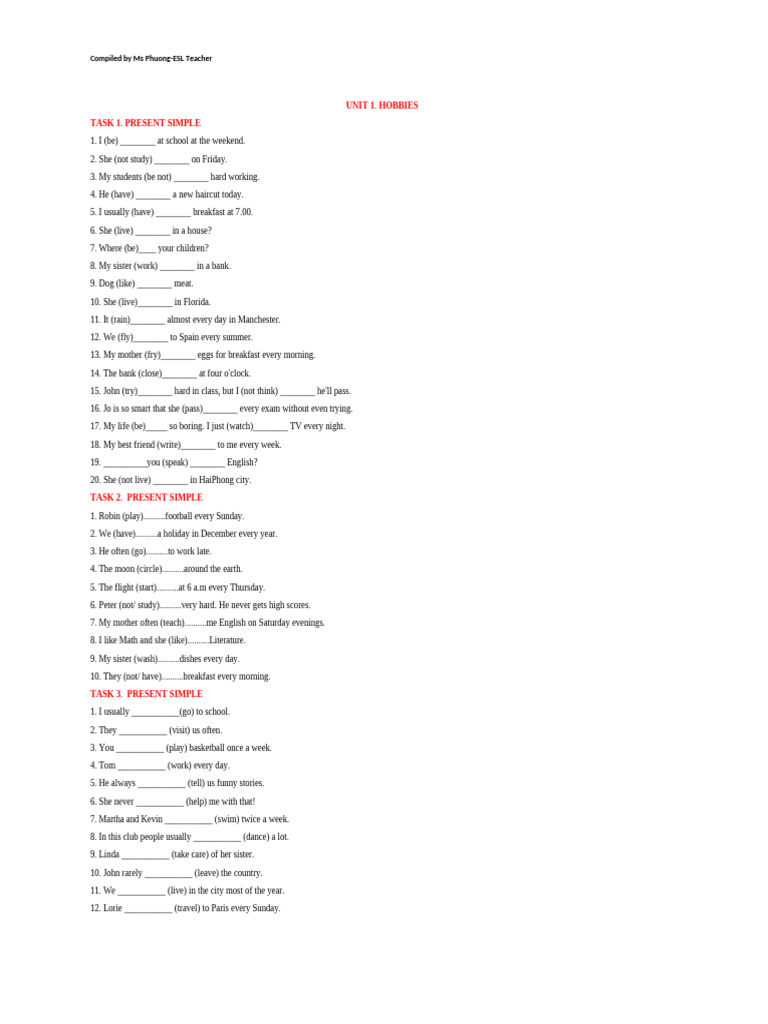 ESL Present Simple Hobbies Exercises | PDF
