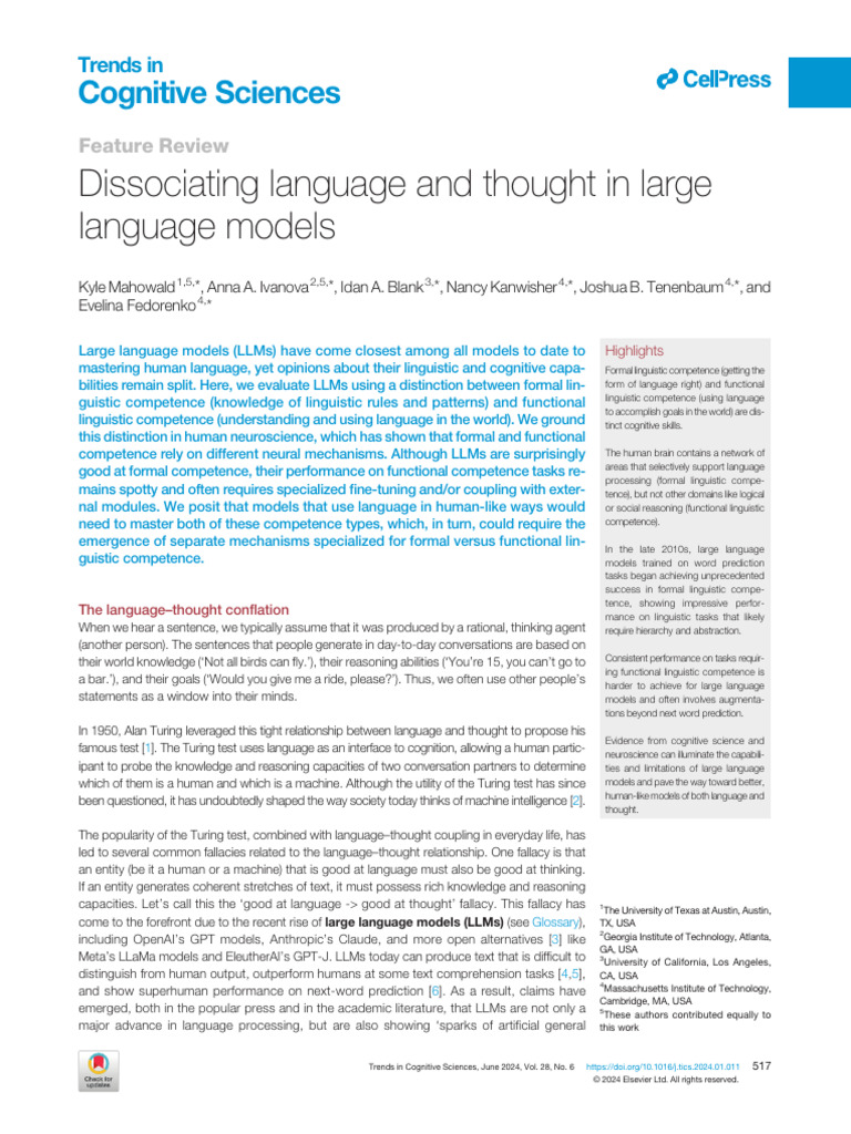 Mahowald - Language and Thought in LLMs (2024) | PDF | Semantics | Linguistics