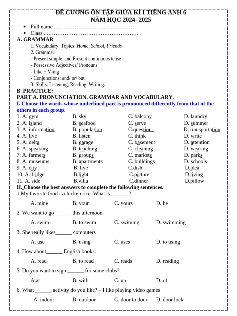 ĐỀ CƯƠNG ÔN TẬP KIỂM TRA GIỮA KỲ ANH 6 | PDF
