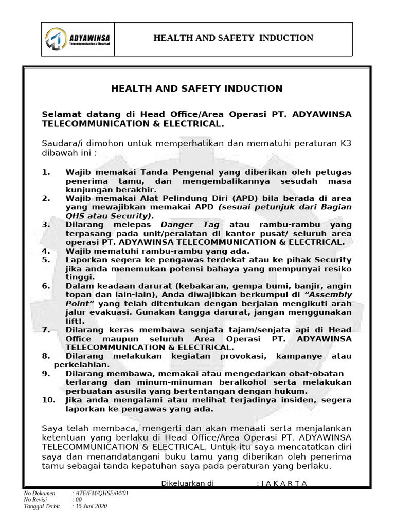 ATE-FM-QHSE-04-01 Health & Safety Induction | PDF