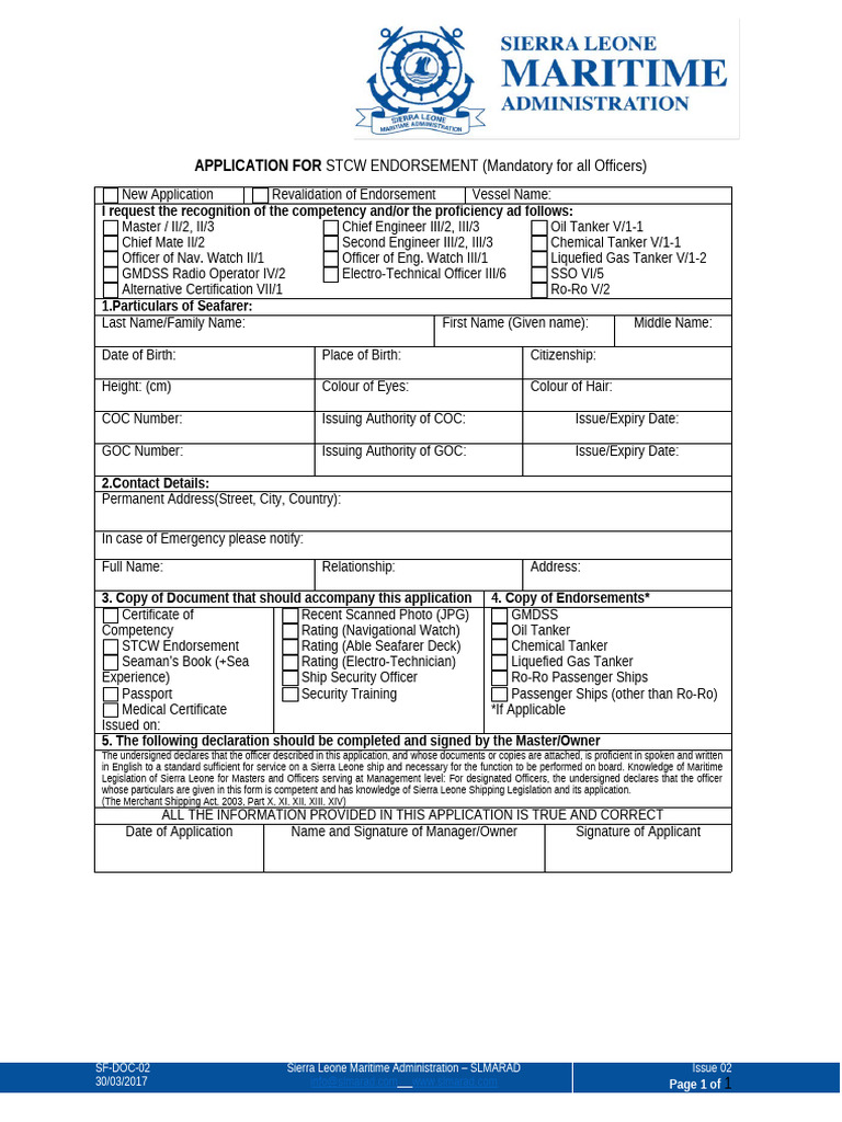 SF-DOC-02 - Application For STCW Endorsement & Seaman's Book (Issue 02 ...