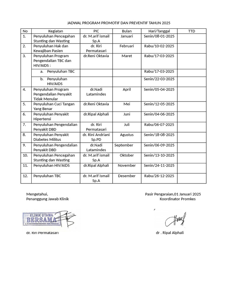 Jadwal Program Promotif Dan Preventif Tahun 2024 | PDF