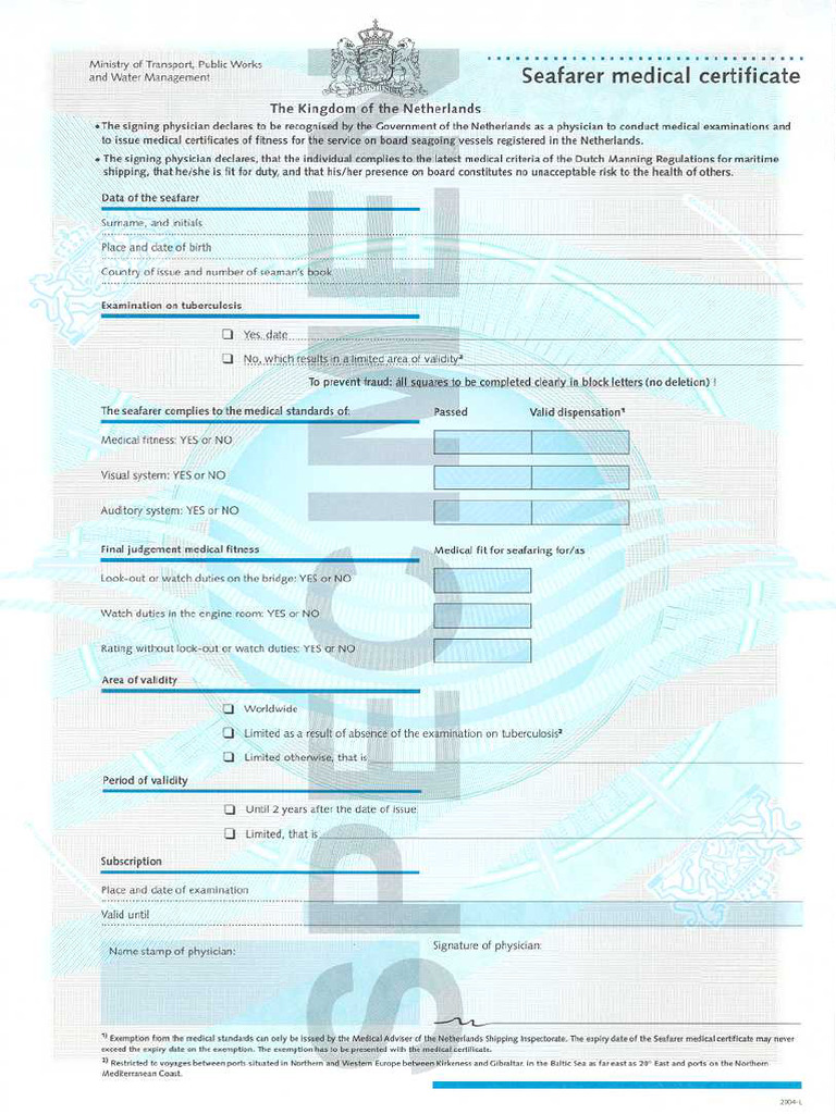 Specimen of Seafarer Medical Certificate | PDF