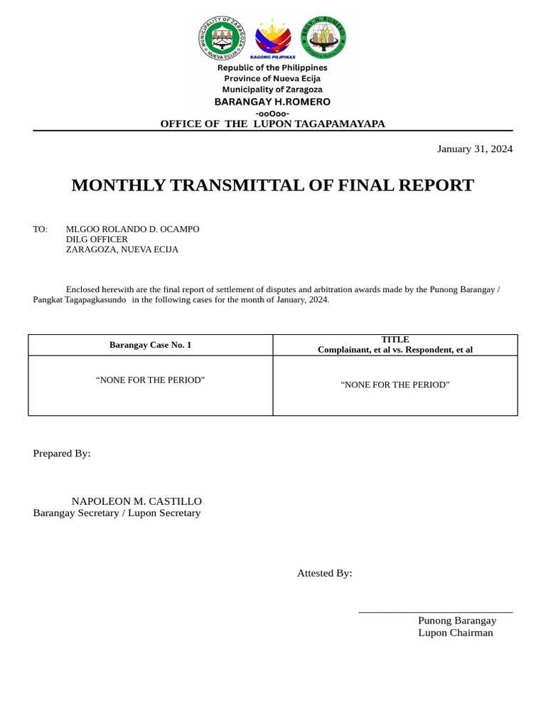 H.romero Monthly Transmittal of Final Report | PDF