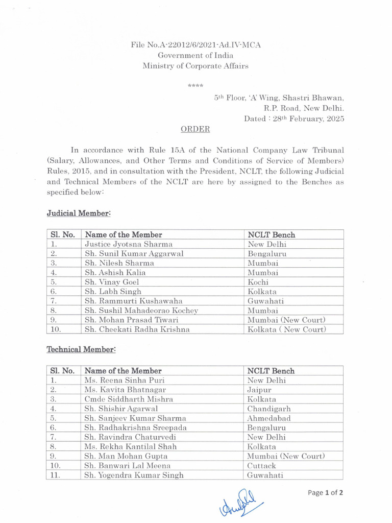 NCLT Members Assigned To Benches | PDF