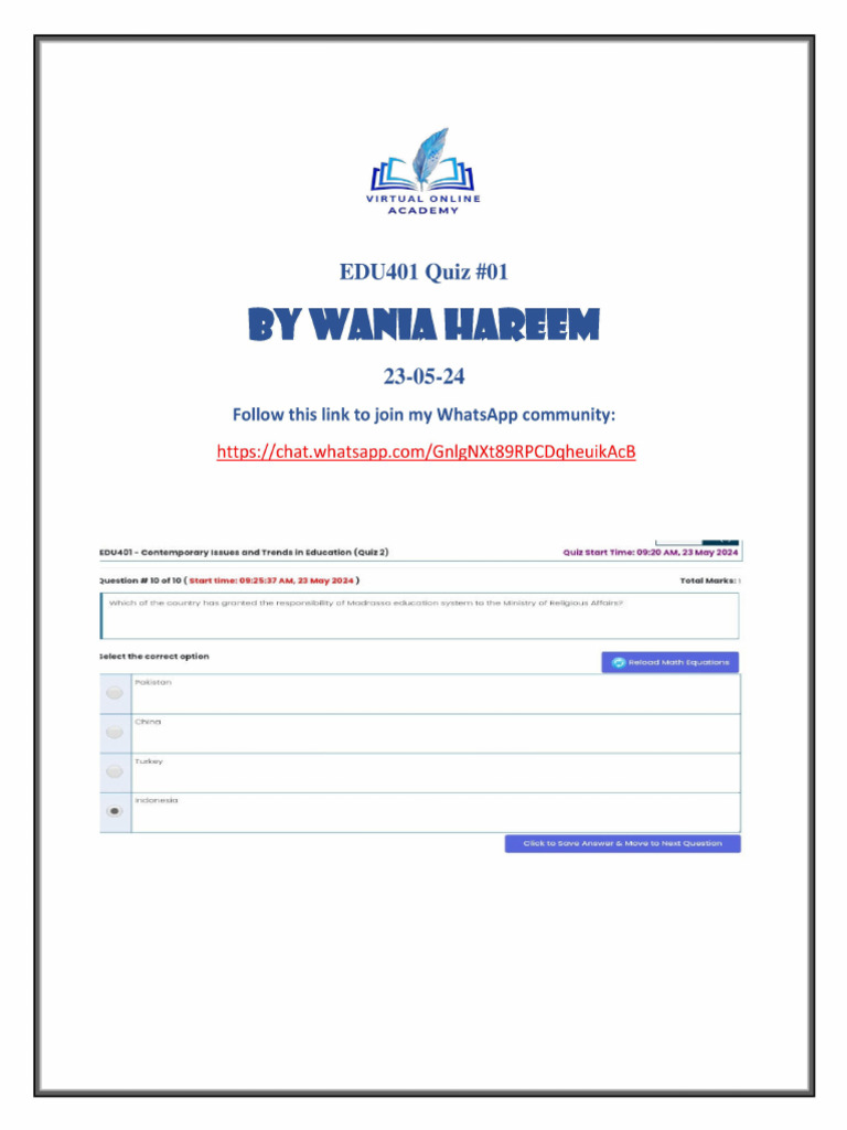 EDU401 Quiz by Wania Hareem, 23 May 2024 Searchable File | PDF