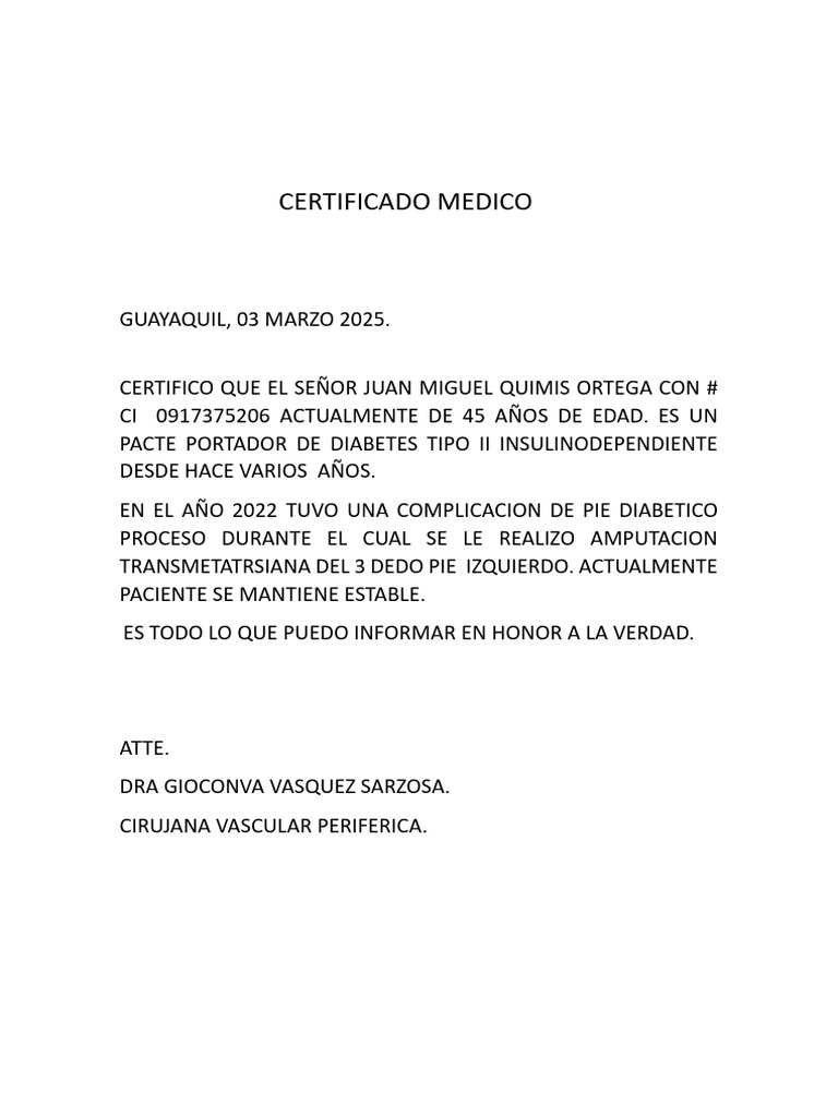 Certificado Medico Pacte Quimis | PDF