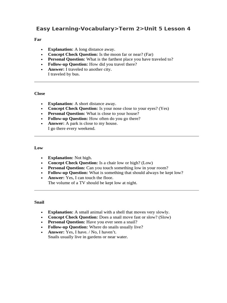 Easy Learning-Vocabulary-Term 2-Unit 5 Lesson 4 | PDF